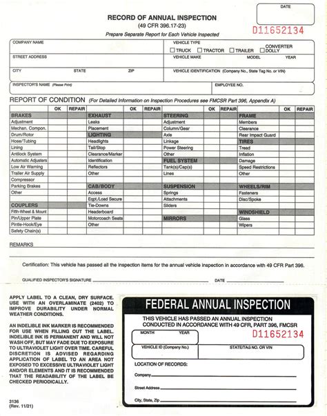 Record Of Annual Inspection Sheet Carbonless 49 Cfr 39617 23 With S
