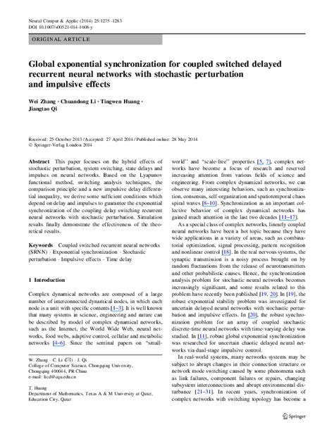 Pdf Global Exponential Synchronization For Coupled Switched Delayed