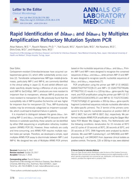 Pdf Rapid Identification Of Bla Imp 1 And Bla Imp 6 By Multiplex Amplification Refractory