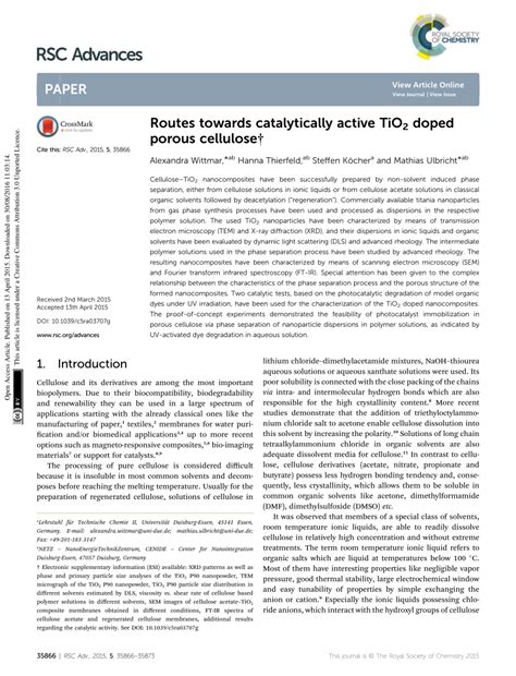 Pdf Routes Towards Catalytically Active Tio 2 Doped Porous Cellulose