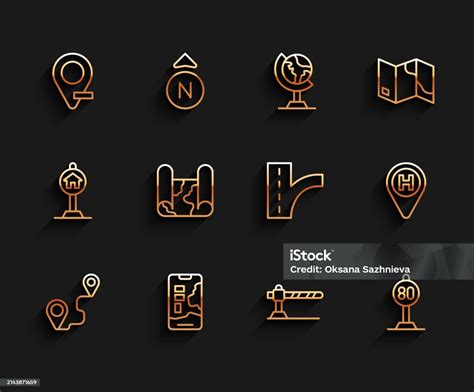 라인 경로 위치 도시지도 내비게이션 위치 주차 차량 장벽 속도 제한 교통 접힘 헬리콥터 착륙장 및 도로 표지판 아이콘을 설정합니다 벡터 간판에 대한 스톡 벡터 아트 및 기타