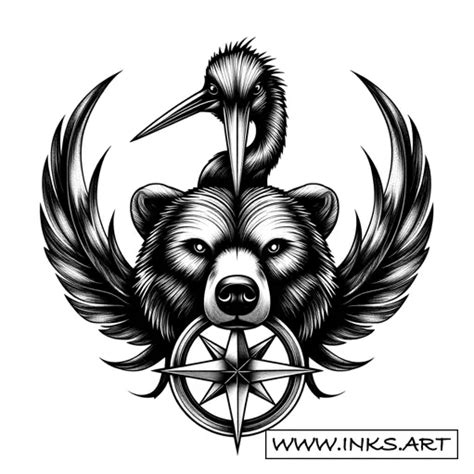Tattoo Design Heron Bear Compass Rose Art Style Black And Grey