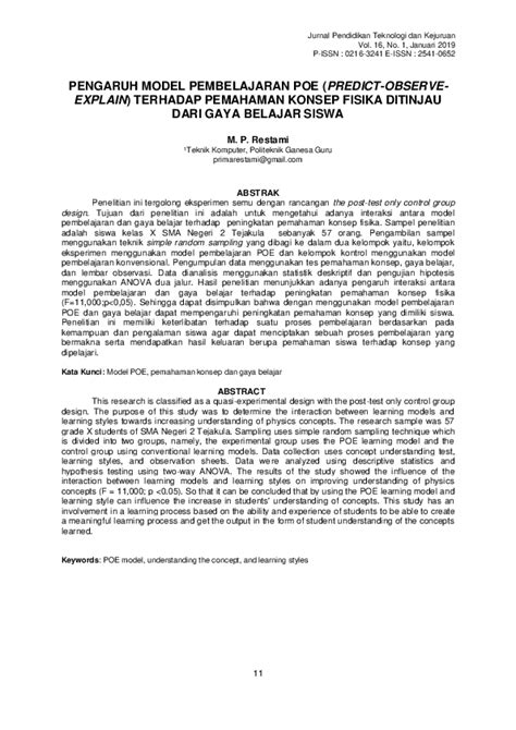 Pdf Pengaruh Model Pembelajaran Poe Predict Observe Explain Terhadap Pemahaman Konsep Ipa