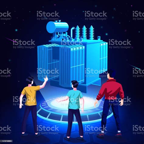 홀로그램 벡터 일러스트레이션으로 전기 변압기의 3d 모델 시각화 및 경험 3차원 형태에 대한 스톡 벡터 아트 및 기타 이미지