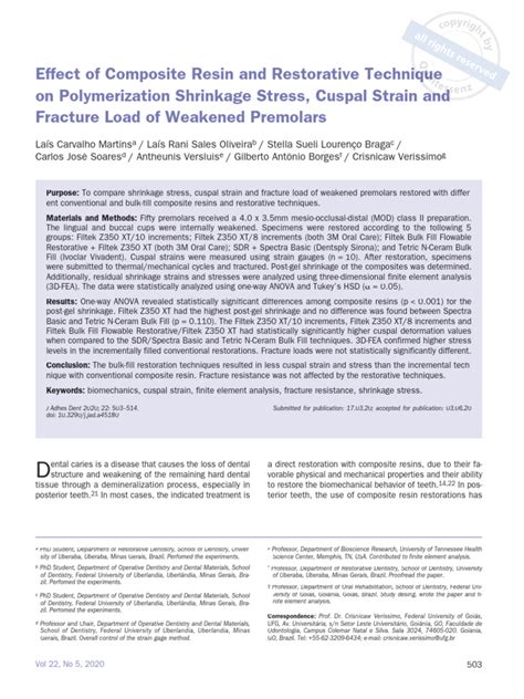 Effect Of Composite Resin And Restorative Technique On Polymerization Shrinkage Stress Cuspal