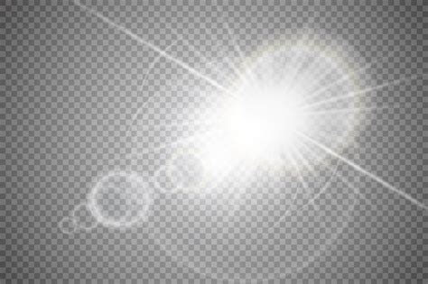 벡터 투명 햇빛 특수 렌즈 플레어 조명 효과 광선 및 스포트라이트가 있는 태양 플래시 프리미엄 벡터