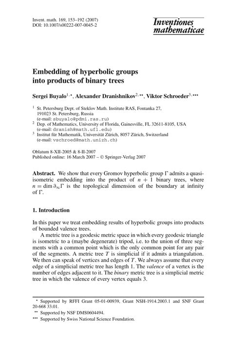 Pdf Embedding Of Hyperbolic Groups Into Products Of Binary Trees