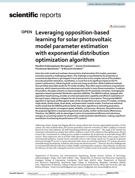 Pdf Leveraging Opposition Based Learning For Solar Photovoltaic Model Parameter Estimation
