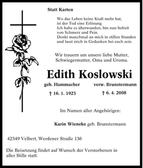 Traueranzeigen Von Edith Koslowski Trauer In Nrwde