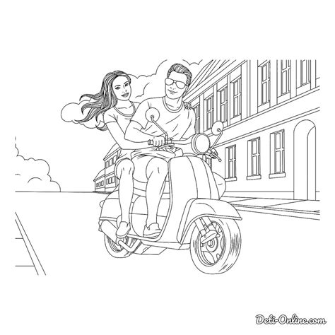 Раскраска Парень с девушкой на скутере распечатать раскраски для детей