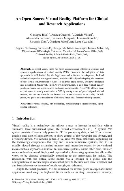 Pdf An Open Source Virtual Reality Platform For Clinical And Research Applications