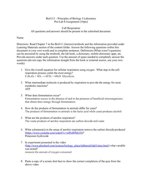 Biol Pre Lab Assignment Biol Principles Of Biology I Laboratory Pre Lab Assignment