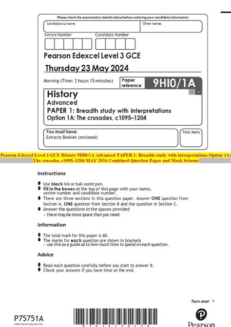 Pearson Edexcel Level GCE History HI A Advanced PAPER Breadth Study With Interpretations