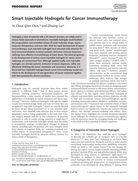 Smart Injectable Hydrogels For Cancer Immunotherapy Request Pdf