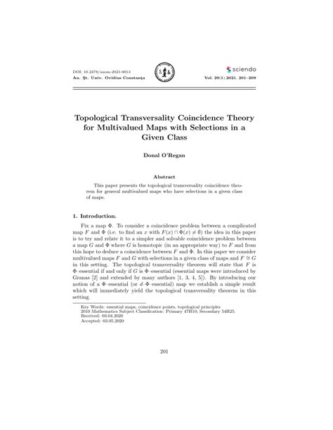 Pdf Topological Transversality Coincidence Theory For Multivalued