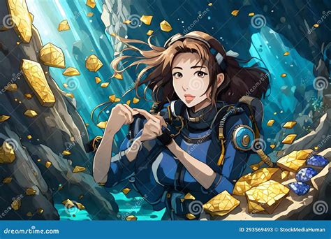 Young Anime Girl Diving Exploring Treasure Filled Cave Stock