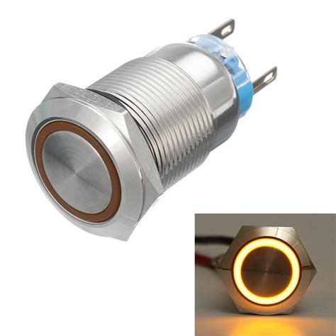 Flat Head 12mm 12 24v Waterproof Self Locking Metal Push Button Switch With Yellow Led Light