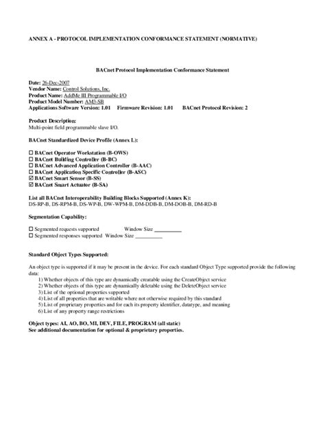 Fillable Online Bacnet Protocol Implementation Conformance Sontex Sa Fax Email Print