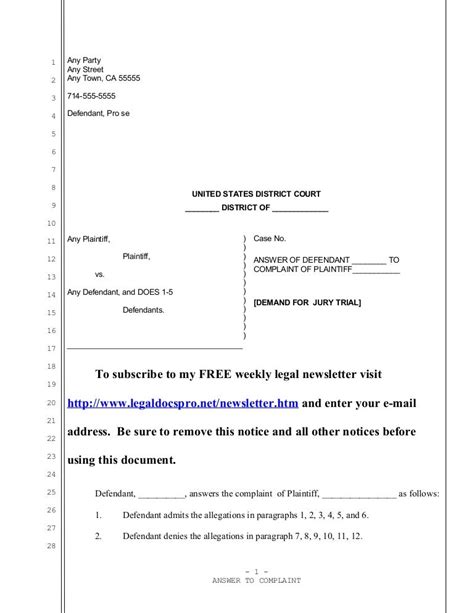 Response To Lawsuit Template