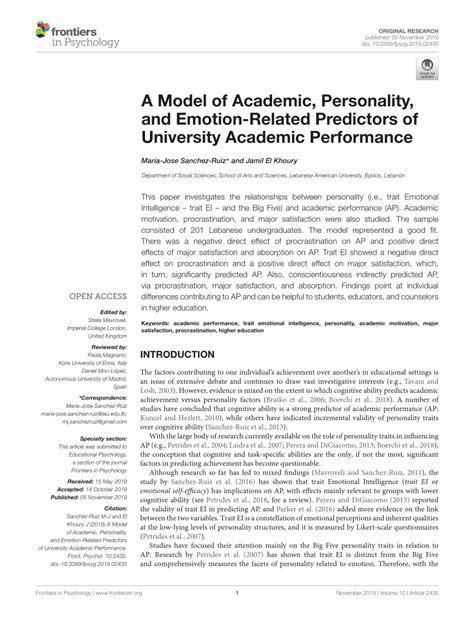Pdf A Model Of Academic Personality And Emotion Related Predictors Of University Academic