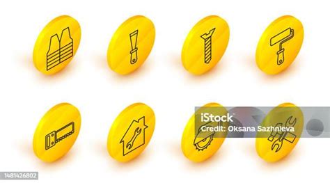 세트 라인 망치와 렌치 전기 원형 톱 집 수리 손 페인트 롤러 브러시 금속 나사 퍼티 나이프 및 안전 조끼 아이콘 벡터 3차원 형태에 대한 스톡 벡터 아트 및 기타 이미지