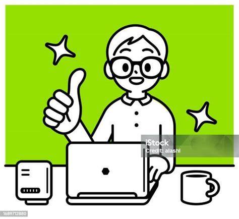뿔테가 달린 안경을 쓰고 책상에 앉아 노트북을 사용하여 엄지손가락을 치켜세우는 손짓 미니멀리스트 스타일 흑백 윤곽선 Brand Name Video Game에 대한 스톡 벡터