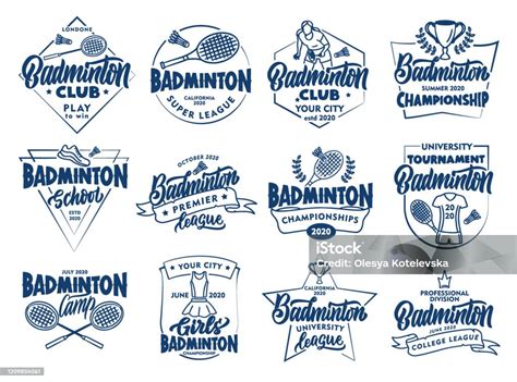 빈티지 배드민턴 엠블럼과 스탬프 세트 배지 흰색 배경에 스티커 격리 0명에 대한 스톡 벡터 아트 및 기타 이미지 0명