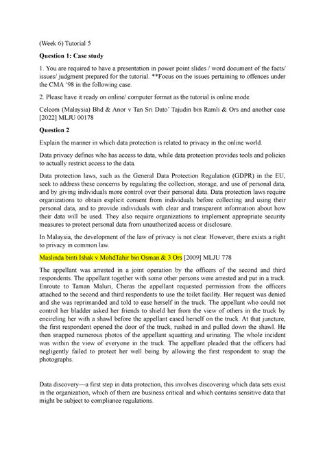 Tutorial 5 Data Protection Privacy Week 6 Tutorial 5 Question 1 Case Study You Are