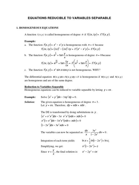 Equations Reducible To Variables Separable Download Free Pdf System