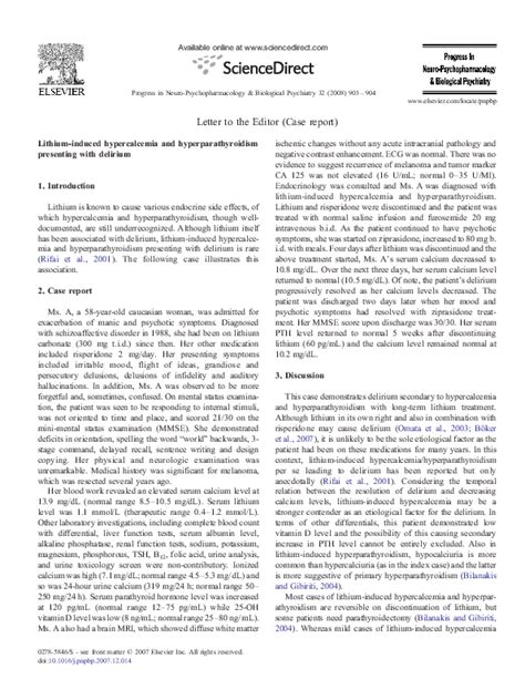 Pdf Lithium Induced Hypercalcemia And Hyperparathyroidism Presenting With Delirium