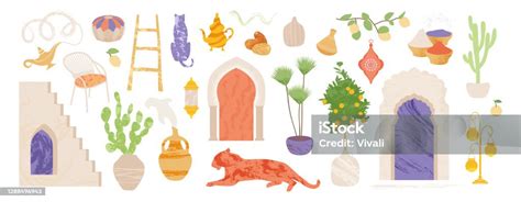 모로코 아이콘 세트 정통 아랍어 스타일 계단 아치 문 식물 도자기 보호 스타일 모로코 문화에 대한 스톡 벡터 아트 및 기타 이미지 Istock