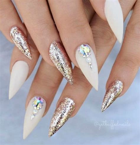 White Stilettos Nails With Glitter Girlterestmag