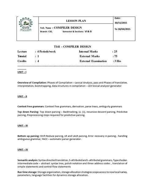 2015 16 Vi Sem Lesson Plans Pdf Parsing Compiler