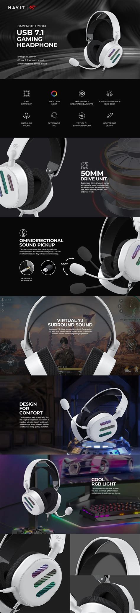 Havit Game Note H U Usb Surround Sound Rgb Gaming Headset White Vibe Gaming