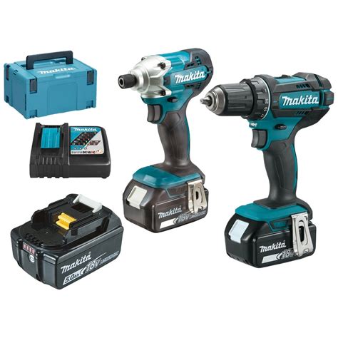 Комплект ударна бормашина + самонарезна машина Makita, 18V, син/черен ...