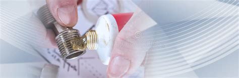 Plumber Putting Sealing Paste On A Thread Panoramic Banner Stock Image