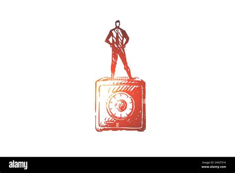 safe money security finance box concept hand drawn man standing on safe box for money
