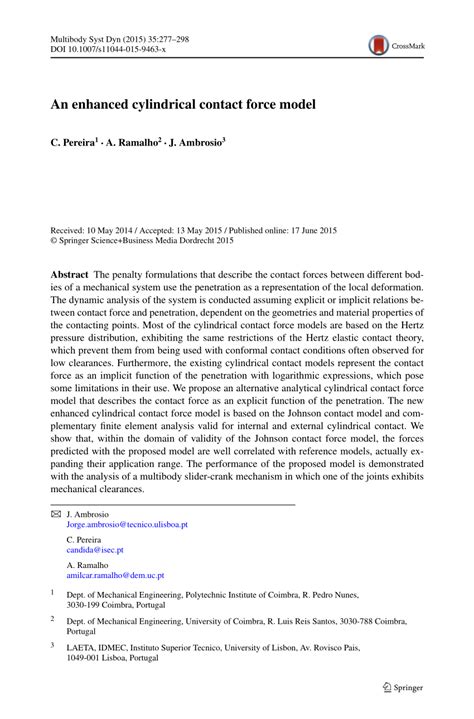 Pdf An Enhanced Cylindrical Contact Force Model
