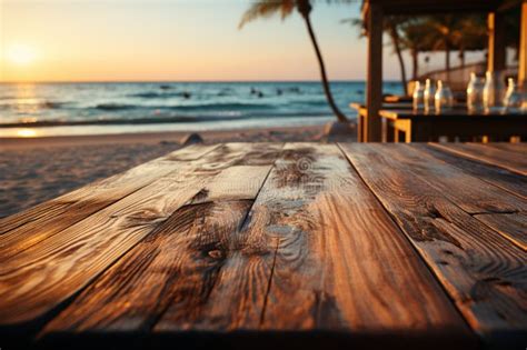 Blurred Coastal Canvas Wood Floor Deck Ready For Displaying Products