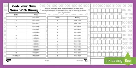 Code Your Own Name With Binary Worksheet Teacher Made Worksheets