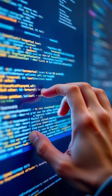 Hand Interacting With Computer Code Displayed On A Digital Screen Stock Illustration