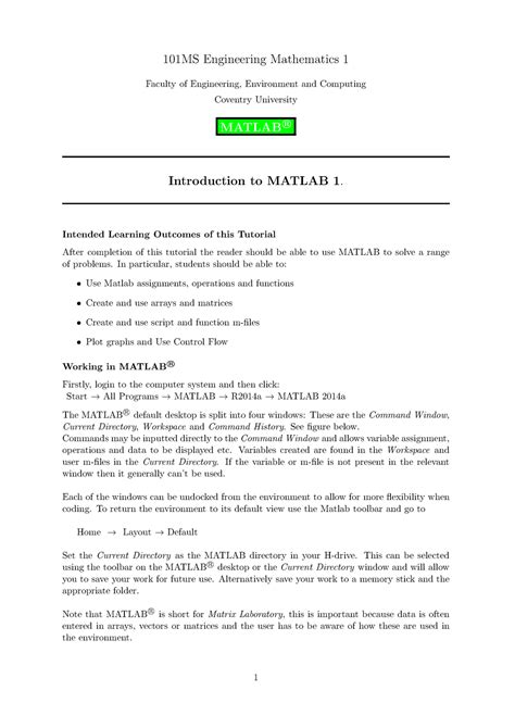 Matlab Tutorial MS Engineering Mathematics Faculty Of Engineering Environment And