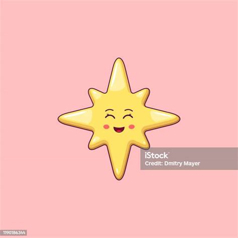 미소와 웃는 눈을 가진 만화 가와이이 골든 스타 8 광선귀여운 크리스마스와 새해 별 0명에 대한 스톡 벡터 아트 및 기타 이미지 0명 8 감정 Istock