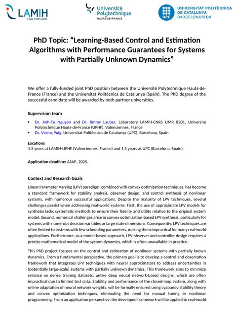 Pdf Phd Topic Learning Based Control And Estimation Algorithms With