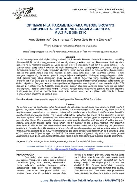 Pdf Optimasi Nilai Parameter Pada Metode Browns Exponential Smoothing Dengan Algoritma
