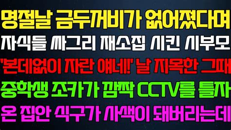 반전 신청사연 명절날 금두꺼비가 없어졌다며 자식들 재소집 시킨 시부모 날 지목한 그때 중학생 조카가 깜짝 Cctv를 틀자 온 집안식구가 사색이 돼버리는데사연카페실화
