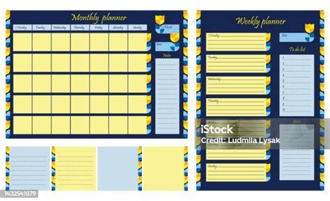 컬렉션 월간 및 주간 플래너 주최자 계획 할 일 목록 및 메모 벡터 일러스트레이션 꽃 기하학적 패턴이있는 노란색 파란색 색상의 수평 및 수직 템플릿 0명에 대한 스톡 벡터