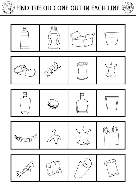 이상한 점 찾기 어린이를 위한 생태 흑백 논리 활동 주의력 기술을 위한 어린이를 위한 환경 인식 제로 폐기물 교육 퀴즈 워크시트 인쇄 가능한 간단한 색칠 페이지xa
