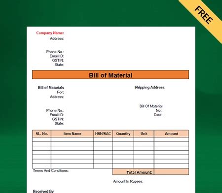 Bill Of Material Format Free Download