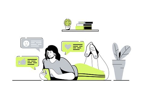 웹 사이트 디자인을위한 평면 만화 사람들과 소셜 네트워크 웹 개념 모바일 앱에서 채팅 및 메시지를 보내고 뉴스 피드를 탐색하고